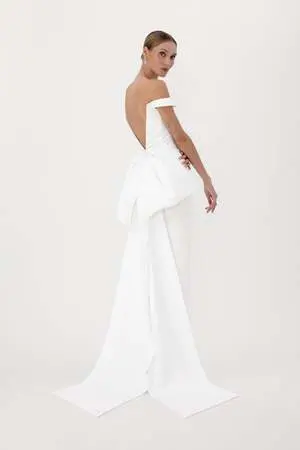SAU LEE Stefania Satin Gown With Off-the-shoulder Silhouette And Detachable Bow Train
