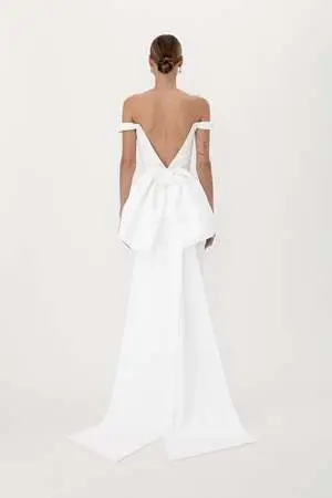 SAU LEE Stefania Satin Gown With Off-the-shoulder Silhouette And Detachable Bow Train