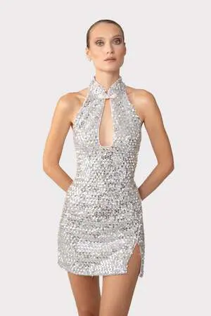 SAU LEE Jina Mini Dress Sequined Halterneck With Keyhole Detail