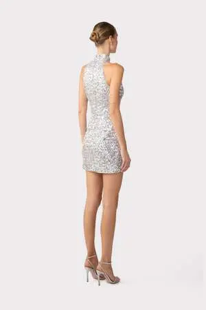 SAU LEE Jina Mini Dress Sequined Halterneck With Keyhole Detail