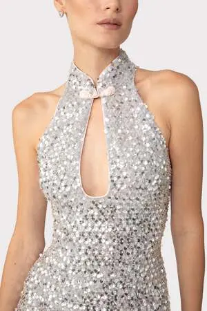 SAU LEE Jina Mini Dress Sequined Halterneck With Keyhole Detail