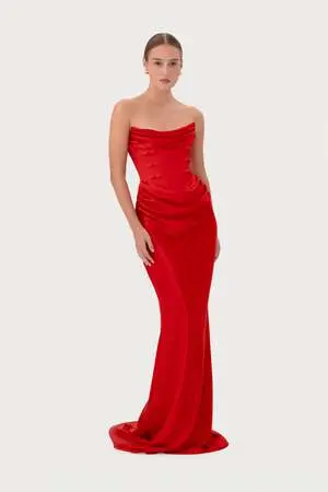 SAU LEE Margot Satin Gown With Draped Bust And Hand-tied Pipa Knot Details