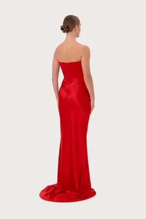 SAU LEE Margot Satin Gown With Draped Bust And Hand-tied Pipa Knot Details