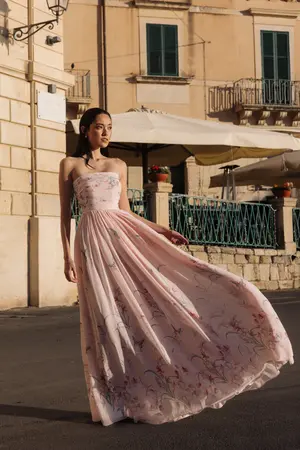 SAU LEE Camille Strapless Embroidered Chiffon Maxi Dress - Pink Multi