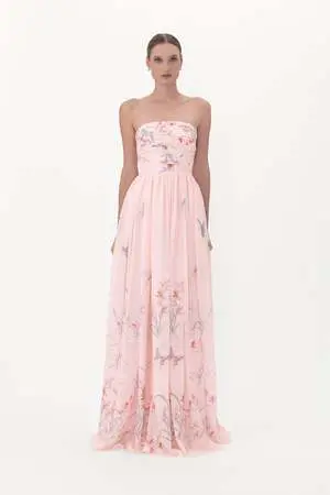 SAU LEE Camille Strapless Embroidered Chiffon Maxi Dress - Pink Multi