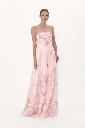 SAU LEE Camille Strapless Embroidered Chiffon Maxi Dress - Pink Multi