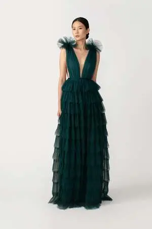 SAU LEE Sabrina Tulle Gown - Emerald