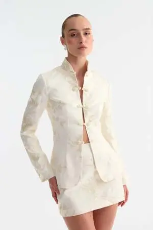SAU LEE Roan Satin Tang Blazer With Mandarin Collar