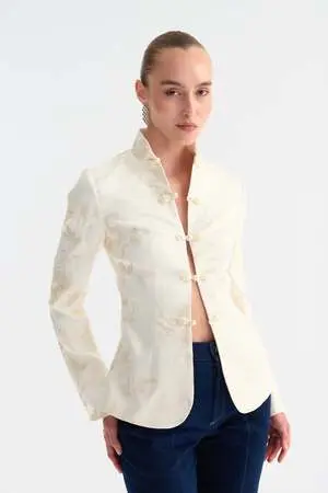 SAU LEE Roan Satin Tang Blazer With Mandarin Collar