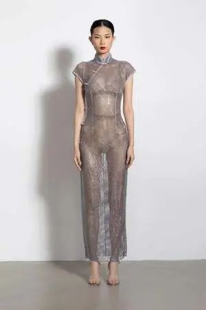 SAU LEE Ann Crystal Embellished Maxi Dress With Mandarin Collar