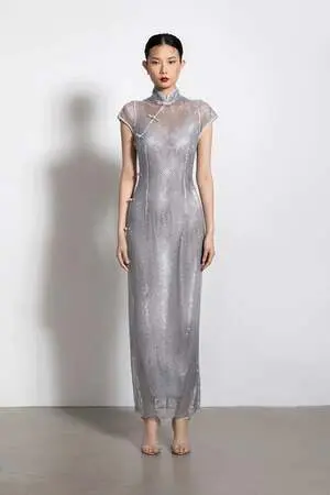 SAU LEE Ann Crystal Embellished Maxi Dress With Mandarin Collar