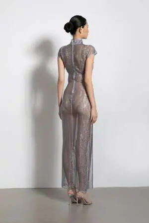 SAU LEE Ann Crystal Embellished Maxi Dress With Mandarin Collar