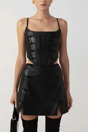 SAU LEE Nadia Faux Leather Corset Top