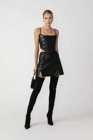 SAU LEE Nadia Faux Leather Corset Top