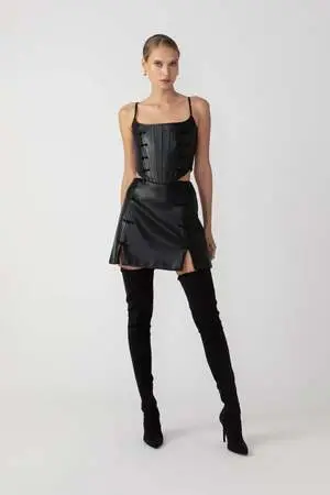 SAU LEE Sadie Faux Leather A-line Mini Skirt With Pankou Buttons