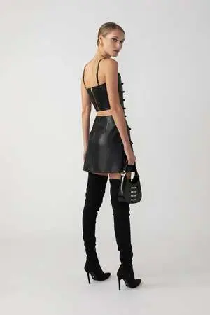 SAU LEE Sadie Faux Leather A-line Mini Skirt With Pankou Buttons