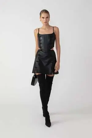 SAU LEE Sadie Faux Leather A-line Mini Skirt With Pankou Buttons