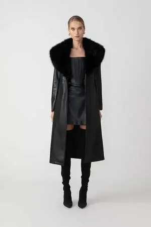 SAU LEE Simone Belted Faux Leather Overcoat With Detachable Faux Fur Shawl Collar