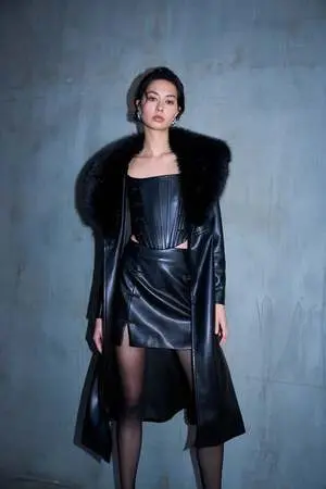 SAU LEE Simone Belted Faux Leather Overcoat With Detachable Faux Fur Shawl Collar