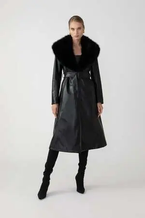 SAU LEE Simone Belted Faux Leather Overcoat With Detachable Faux Fur Shawl Collar