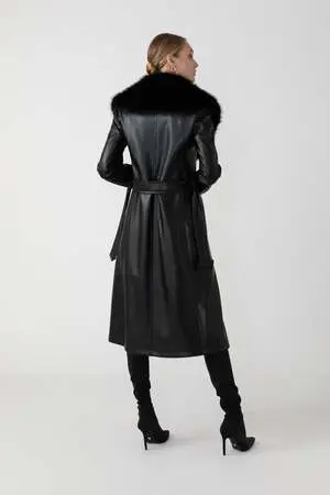 SAU LEE Simone Belted Faux Leather Overcoat With Detachable Faux Fur Shawl Collar