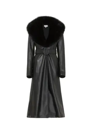SAU LEE Simone Belted Faux Leather Overcoat With Detachable Faux Fur Shawl Collar