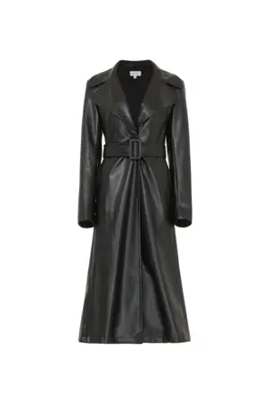 SAU LEE Simone Belted Faux Leather Overcoat With Detachable Faux Fur Shawl Collar