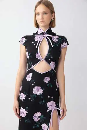 SAU LEE Beatrix Floral Print Crepe Cheongsam Maxi Dress