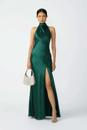 SAU LEE Penelope Backless Satin Gown - Emerald