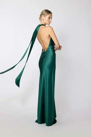 SAU LEE Halter Neck Satin Gown With Drape Detail - Emerald