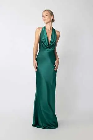 SAU LEE Halter Neck Satin Gown With Drape Detail - Emerald