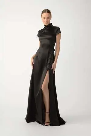 SAU LEE Pia Satin Gown With Mandarin Collar And Slit