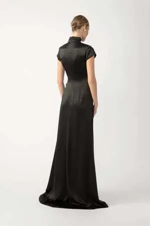 SAU LEE Pia Satin Gown With Mandarin Collar And Slit