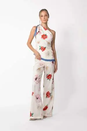 SAU LEE Elba Wide Leg Printed Satin Pants