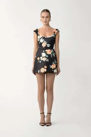 SAU LEE Bryn Mini Dress With Rose Motif - Black Multi