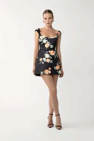 SAU LEE Bryn Mini Dress With Rose Motif - Black Multi