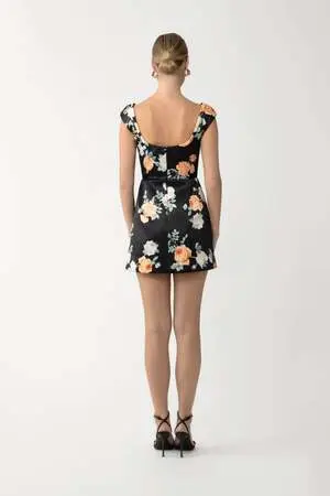 SAU LEE Bryn Mini Dress With Rose Motif - Black Multi