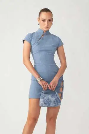 SAU LEE Isa Denim Mini Dress With Pipa Knots
