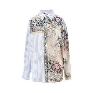 PIERRE-LOUIS MASCIA Striped Cotton Poplin And Silk Twill Floral Motif Patchwork Shirt