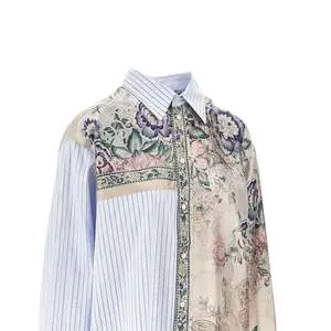 PIERRE-LOUIS MASCIA Striped Cotton Poplin And Silk Twill Floral Motif Patchwork Shirt