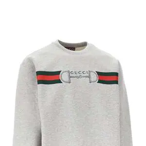 Gucci Sweatshirt With Web Motif Print And Horsebit Embroidery - Grey