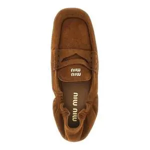Miu Miu Suede Leather Loafers With Logo Detail - Brown