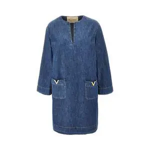 Valentino Garavani Denim Mini Skirt With V Gold Details - Blue