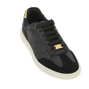 Versace Greca Court Faux Leather And Suede Sneakers With Gold Tone Detailing - Black
