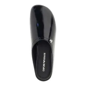 Emporio Armani Patent And Brushed Leather Mules With Silver-finished Metal Ea Detail