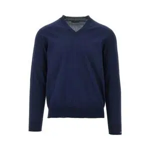 Prada V-neck Fine Cotton Sweater With Contrast Logo Intarsia - Blue