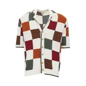 GALLIA KNIT Check Openworked Knit Shirt - Multicolor