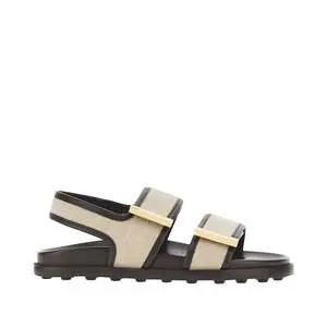 TOD'S Canvas And Leather Trimmed Sandals With Gold-tone Bar Detail - Brown