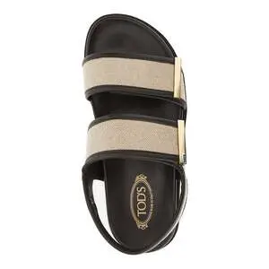 TOD'S Canvas And Leather Trimmed Sandals With Gold-tone Bar Detail - Brown