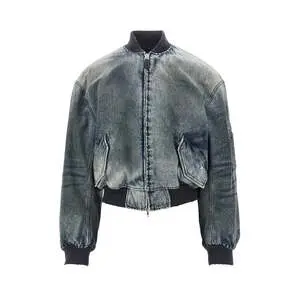 Balenciaga Used Effect" Denim Bomber Jacket - Blue